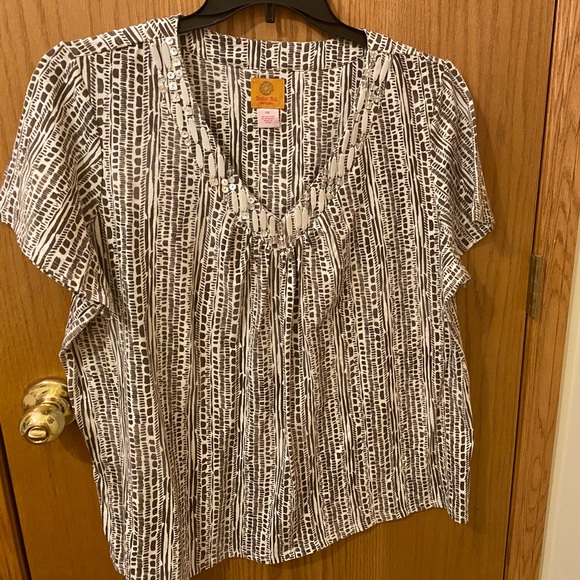 Ruby Rd. | Tops | Euc Ruby Rd Short Sleeved Ecru And Brown Vneck With Bling Added To Neckline ...